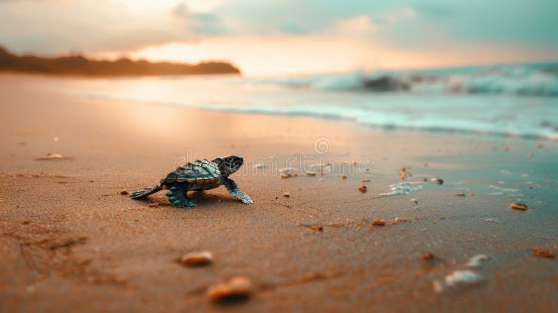 A Baby Turtle is Laying on the Beach at Sunset Stock Photo - Image of ...