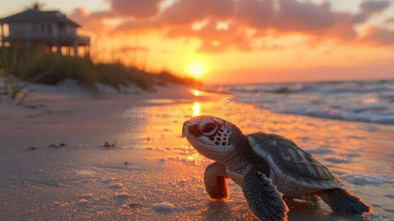 Baby Turtle Sunrise Beach stock image. Image of endangered - 373420881