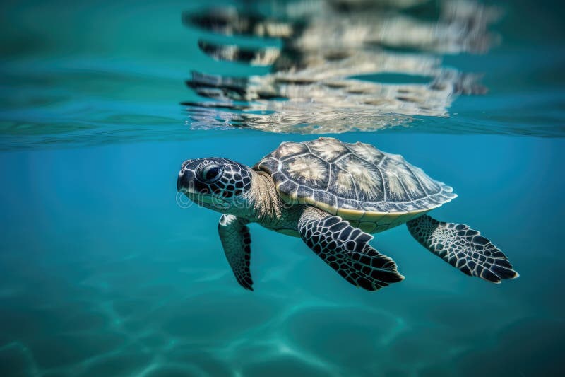 Baby Turtle Swimming in Clear Blue Ocean Stock Illustration ...