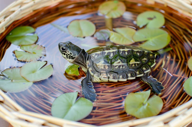 Baby Turtle in Wicker Basket with Water and Aquatic Plants Stock Photo ...