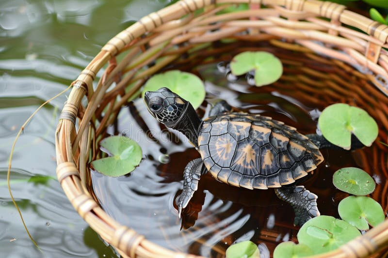 Baby Turtle in Wicker Basket with Water and Aquatic Plants Stock Image ...