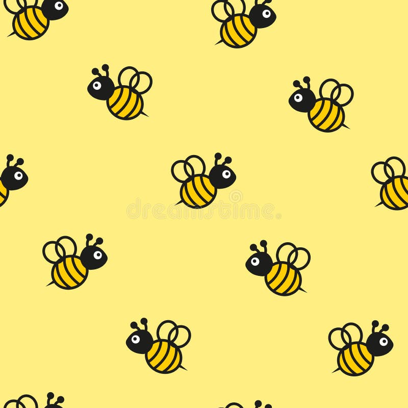 Vector Cute Cartoon Bee Seamless Pattern on Yellow Background Stock ...