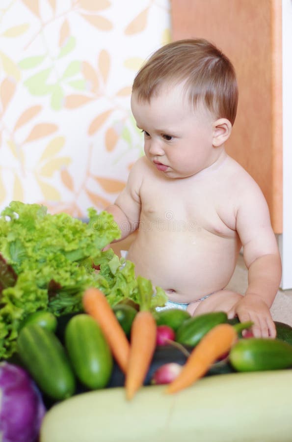 Baby with Vegetables on Kitchen Stock Photo - Image of interest ...
