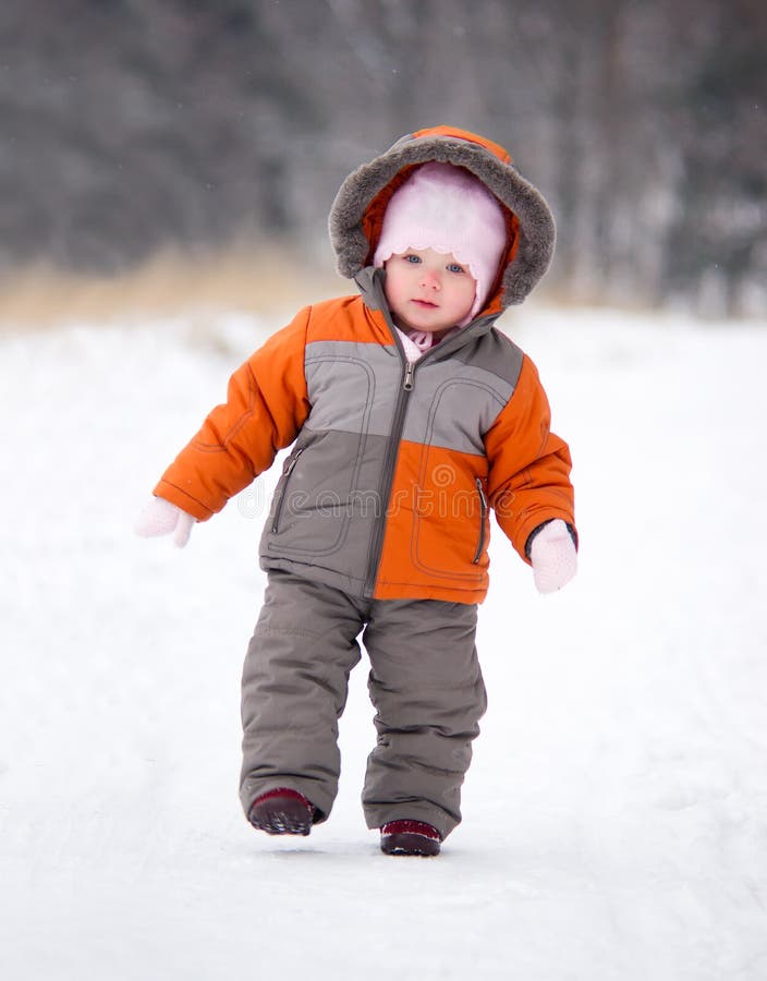 Baby Walk by Snow Road in Park Stock Image - Image of child, playing ...