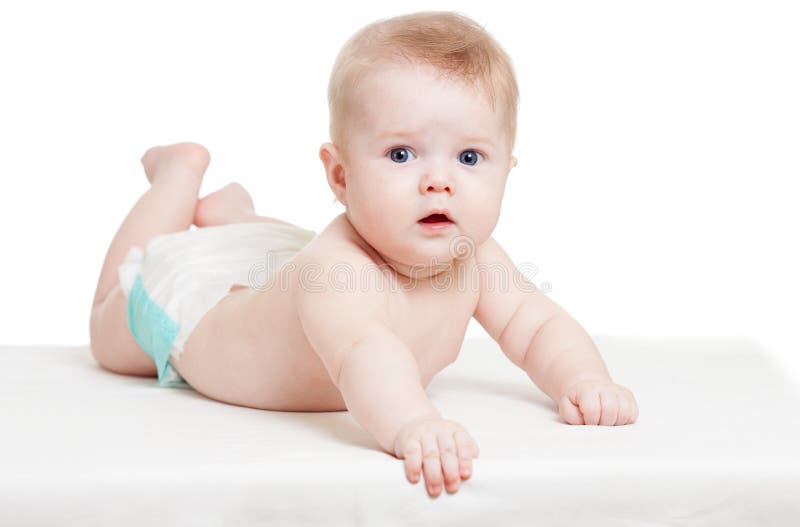 Baby Weared Windel, Die Auf Bett Liegt Stockbild - Bild von zicklein ...