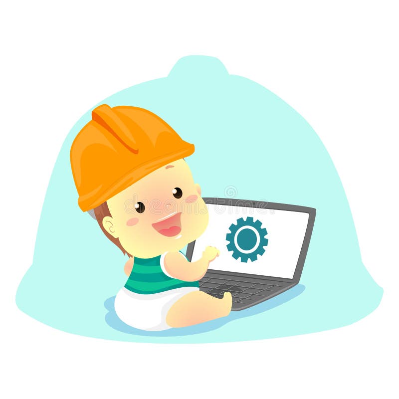 Baby Wearing a Engineer Helmet in Front of the Laptop Stock Vector ...