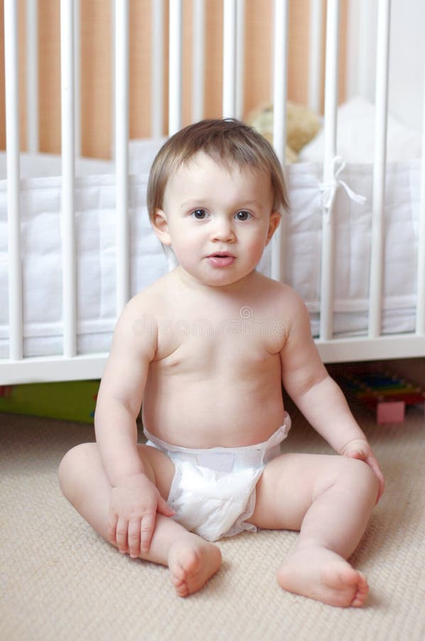 Baby in White Diaper at Home Stock Image - Image of nappy, childhood ...