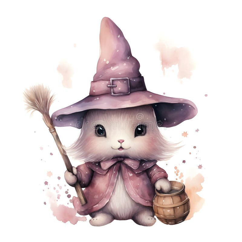 Baby Witch Cute Bunny Cute Bunny Watercolor Stock Illustration ...