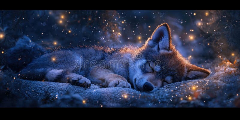 A Baby Wolf Sleeping Under a Sky Full of Stars for Dreamy Wild or ...