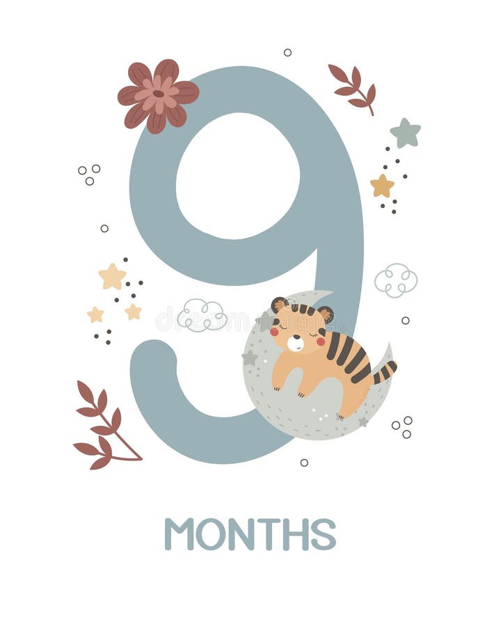 Baby Milestone Card. Cartoon Tiger, Number, Hand Drawing Lettering ...
