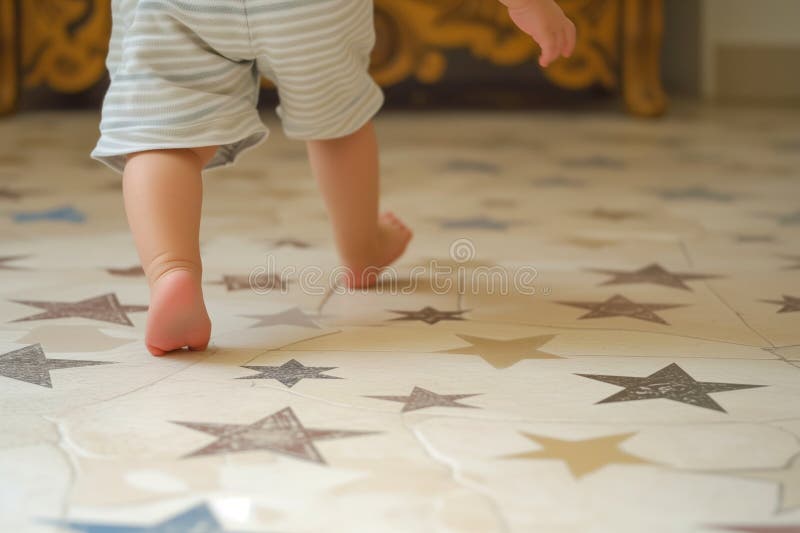 Babys First Steps Towards a Star Pattern on the Floor Stock Image ...