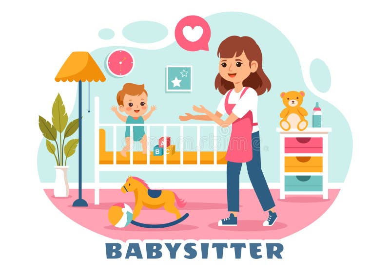 Babysitter or Nanny Services Horizontal Banner Flat Cartoon Hand Drawn ...