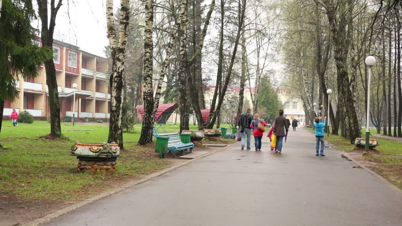 Back of Adults and Children Going on Alley in Park Stock Video - Video ...