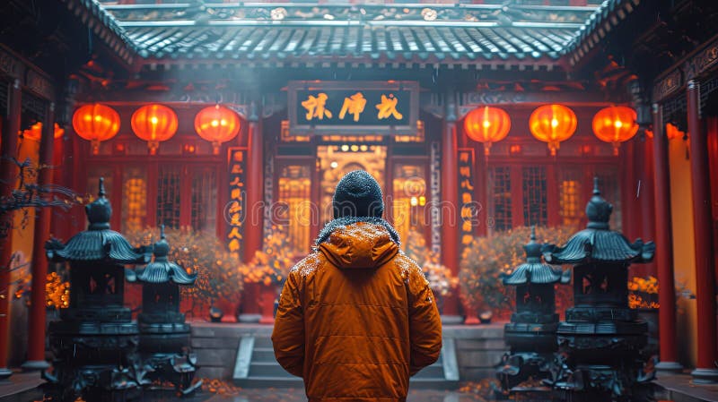 Back of Asian Man in Jacket and Hat Standing in Front of Chinese Temple ...