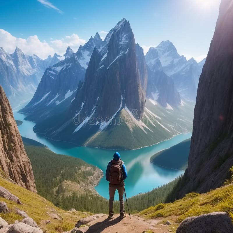 Back of a Backpacker is Walking on the Beautiful View of the Mountain ...