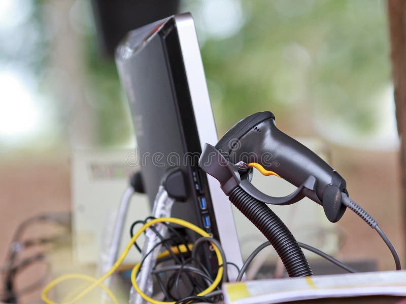 Back of Black Barcode Scanner with Monitor Stock Image - Image of hand ...