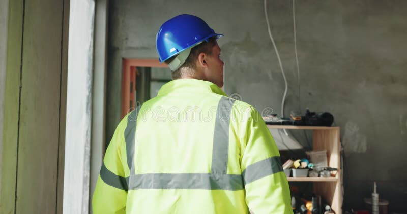 Back, Building and Walking with Construction Worker Man on Site for ...