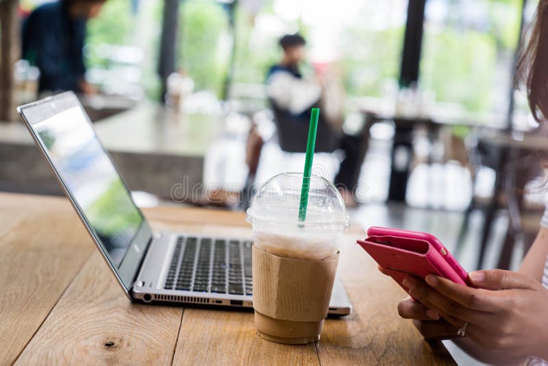 Business Woman and Computer in Coffee Shop Stock Photo - Image of girl ...