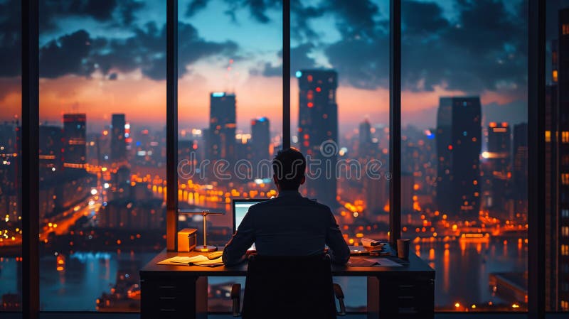 Back of Businessman Working on Desk at Night Stock Illustration ...