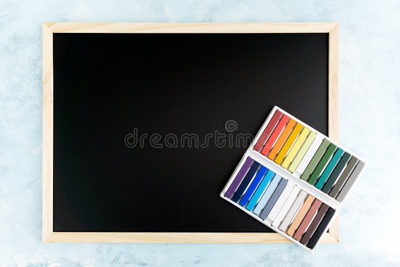 Back Chalkboard Mockup With Colorful Chalks On Light Blue Background ...