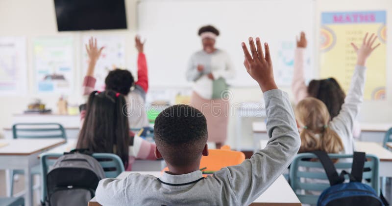 Back, Children and Hands for Question in Classroom with Answer ...