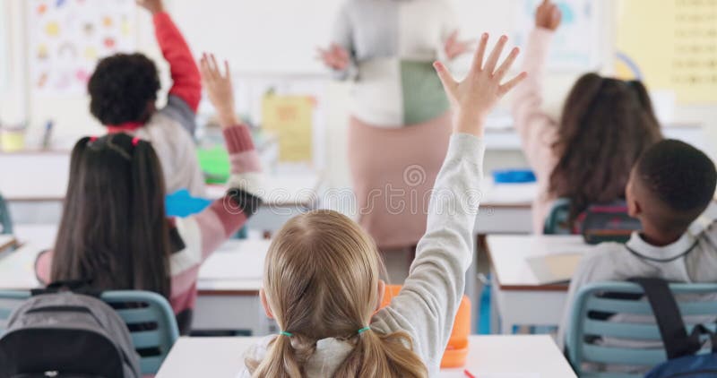 Back, Children and Raised Hand for Answer in Classroom with Question ...