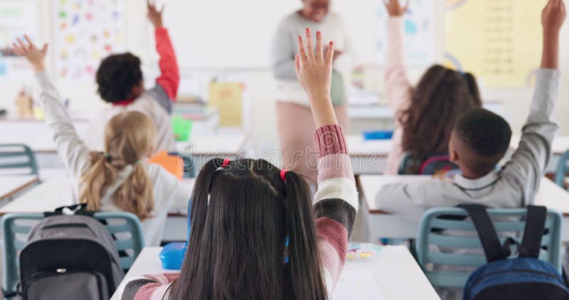 Back, Children and Raised Hand for Question in Classroom with Answer ...