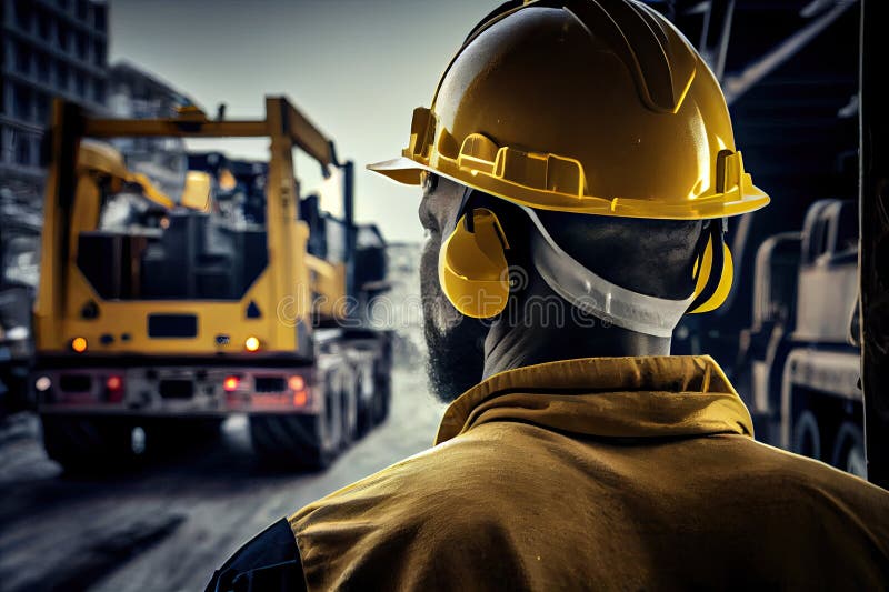 At Back of the Construction Worker Head is Wearing the Safety Helmet ...
