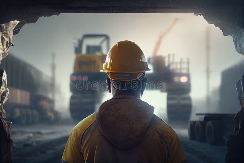 At Back of the Construction Worker Head is Wearing the Safety Helmet ...