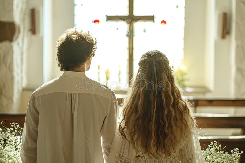 Back of Couple in White Clothes Getting Married on the Cross of Jesus ...