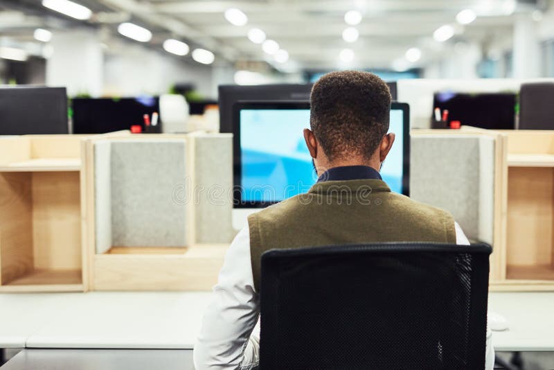 Back, Creative and Black Man on Computer Screen in Office for Web ...