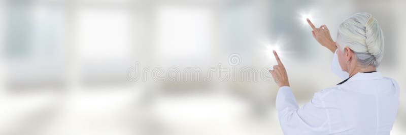 Back of Doctor Pointing with Flares Against Blurry White Room Stock ...
