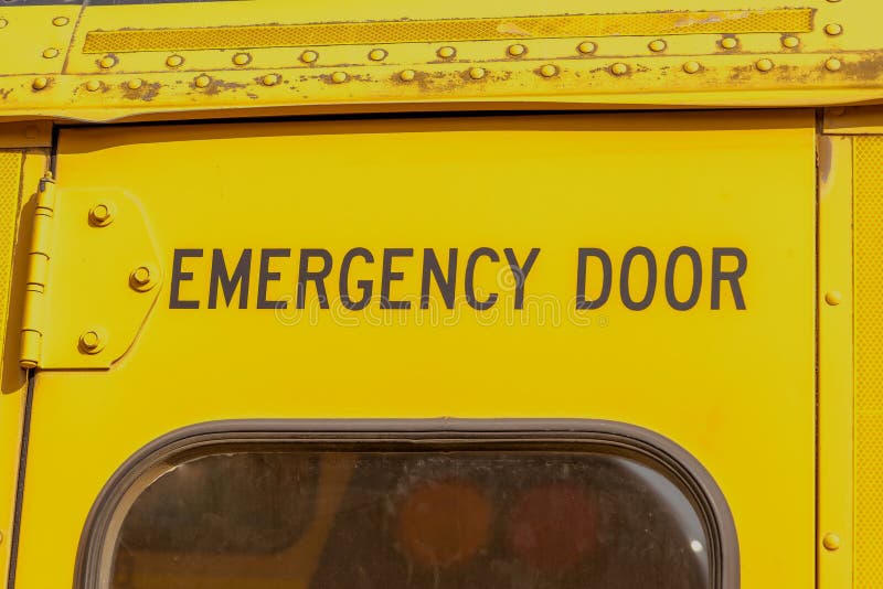 Back Door on the Bus. Emergency Exit on a Yellow School Bus. Stock ...