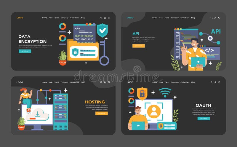 Back-end Development Web Banner or Landing Page Dark or Night Mode Set Stock Vector ...