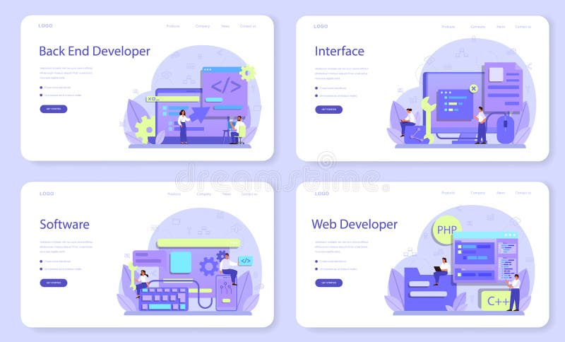 Back End Development Web Banner or Landing Page Set. Software Development Stock Vector ...