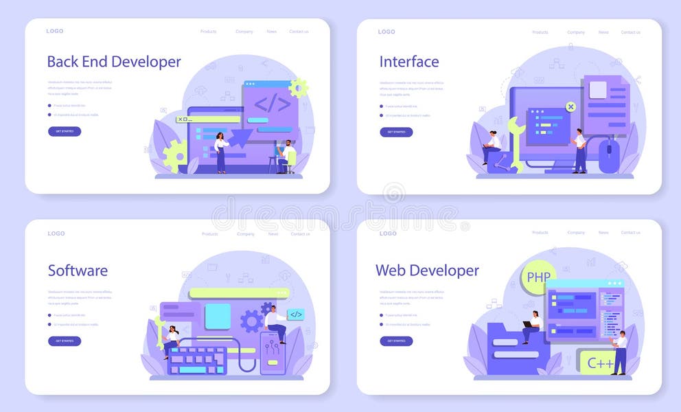 Back End Development Web Banner or Landing Page Set. Software Development Stock Vector ...