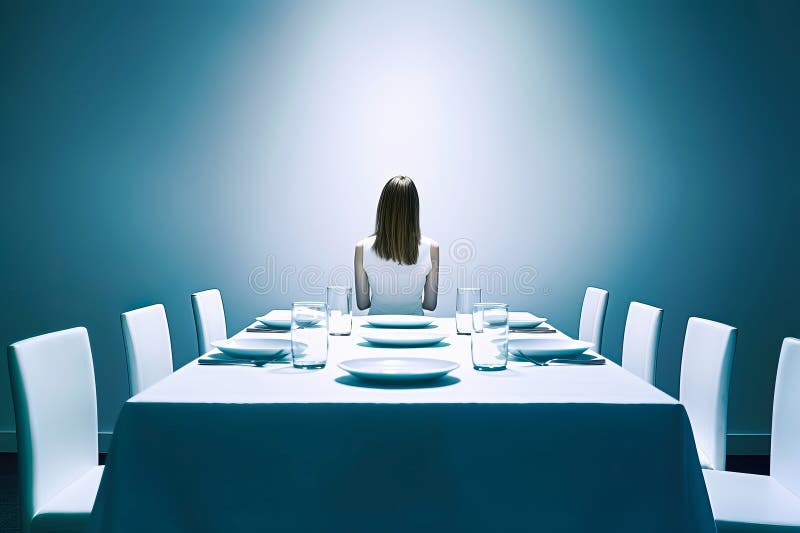 Back of a Faceless Woman at an Empty Table. Eating Disorder Concept ...