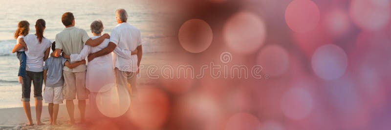 Back of Family at Beach with Blue Bokeh Transition Stock Image - Image ...
