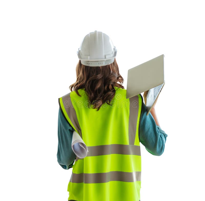 Back of Female Engineer with Blueprint and Computer Isolated on White ...