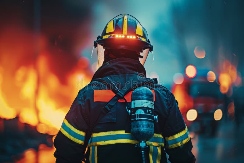 Back of Firefighter in Protective Gear Standing in Front of Burning ...