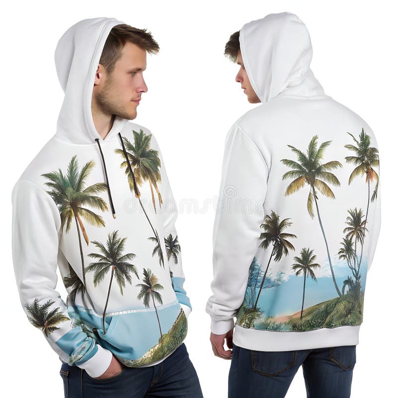 Back and Front View of a Hoodie with Tropical Palm Trees Isolated on ...