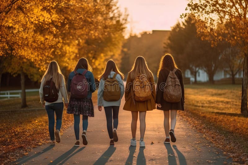 Back of Group Walking Girls Students with Backpack at Autumn Sunny Day ...