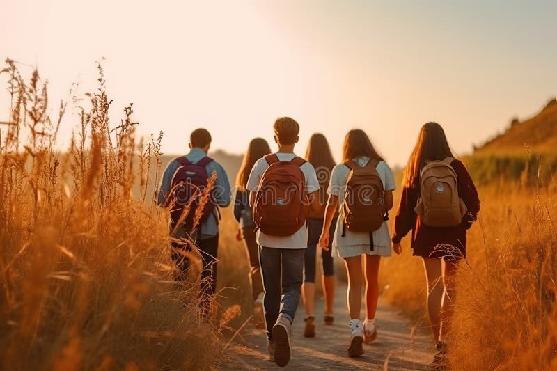 Back of Group Walking Teenager Students with Backpack at Sunset ...