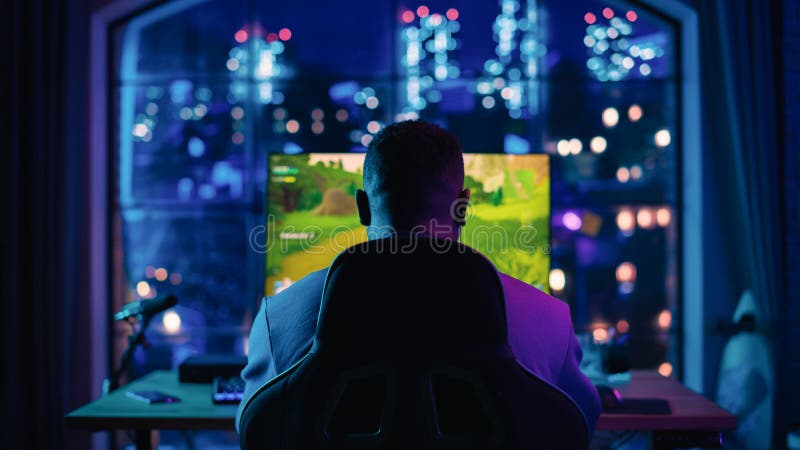 Back of the Head Angle of a Successful African American Gamer Sitting ...