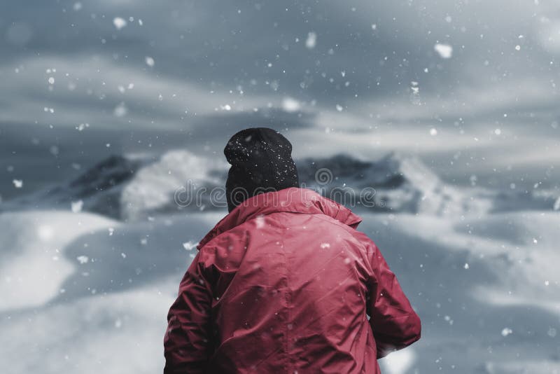 Back of Hiker with Red Jacket in Front of Snowy Mountain Range Stock ... Back of Hiker with Red Jacket in Front of Snowy Mountain Range Stock ...
