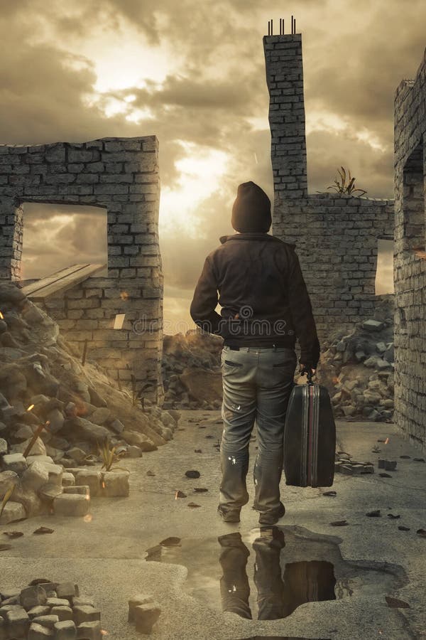 Back of Homeless Man with Suitcase in the Hand in Front of Damaged ...