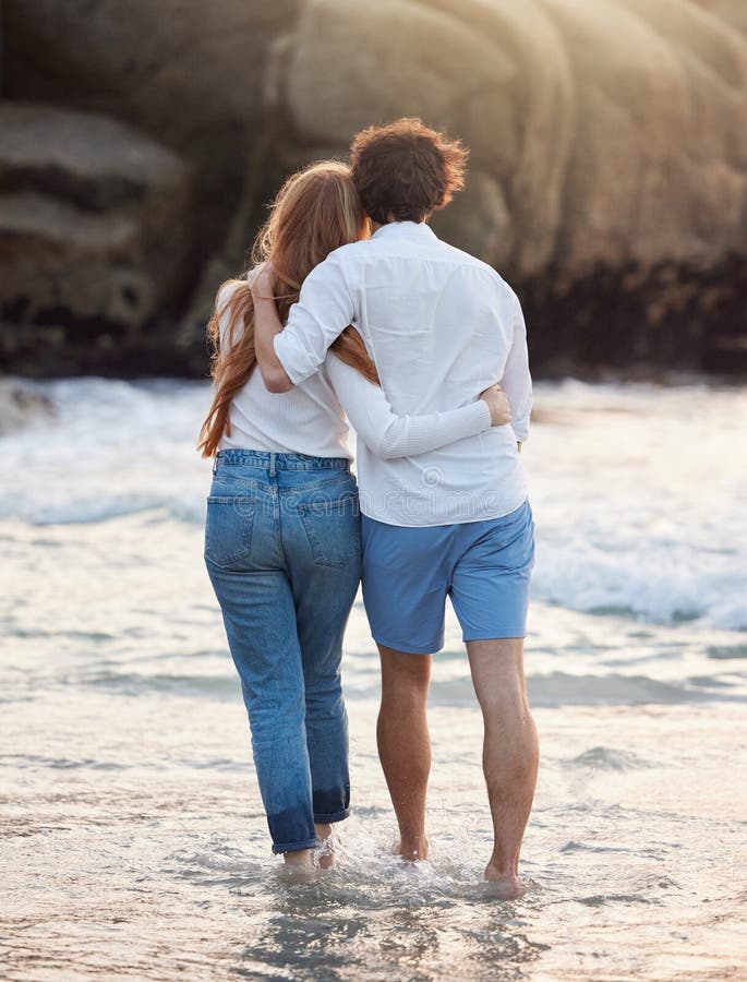 Back Hug And Couple Walking Beach And Quality Time On Summer Vacation