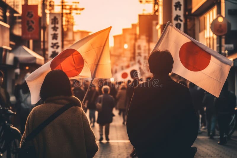 Back of Japanese People Walking on Japan Street with Flags on Sunset ...