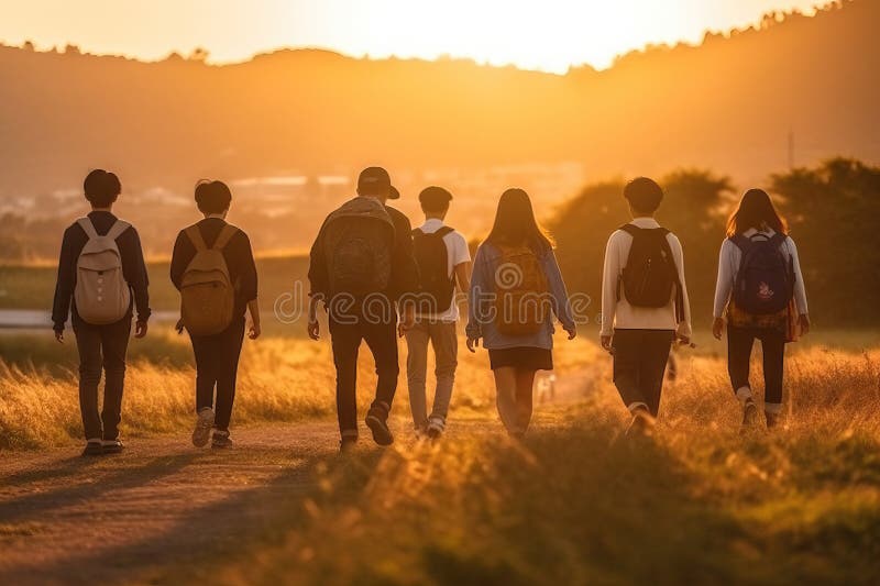 Back of Large Group Walking Asian Teenager Students with Backpack at ...