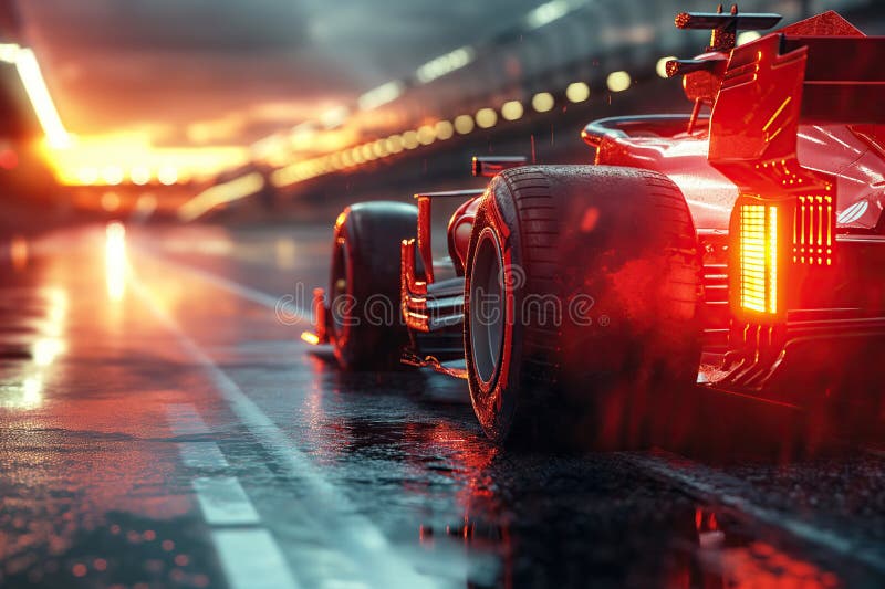 Back Light of Red Formula One Racing Car on Start Race at Evening Stock ...